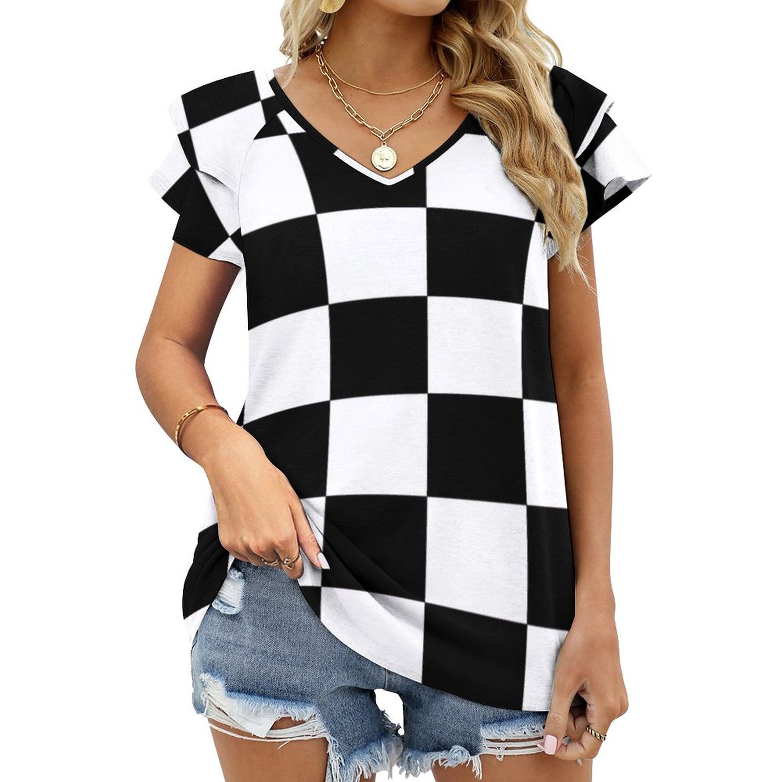 Black And White Checkerboard Lotus Leaf Neck T-Shirt Long Sleeve ...