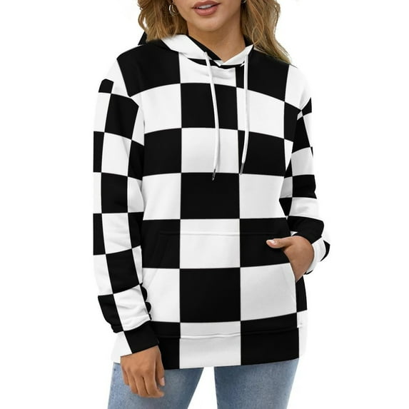 Black And White Checkerboard Oversized Hoodie Women Drawstring ...