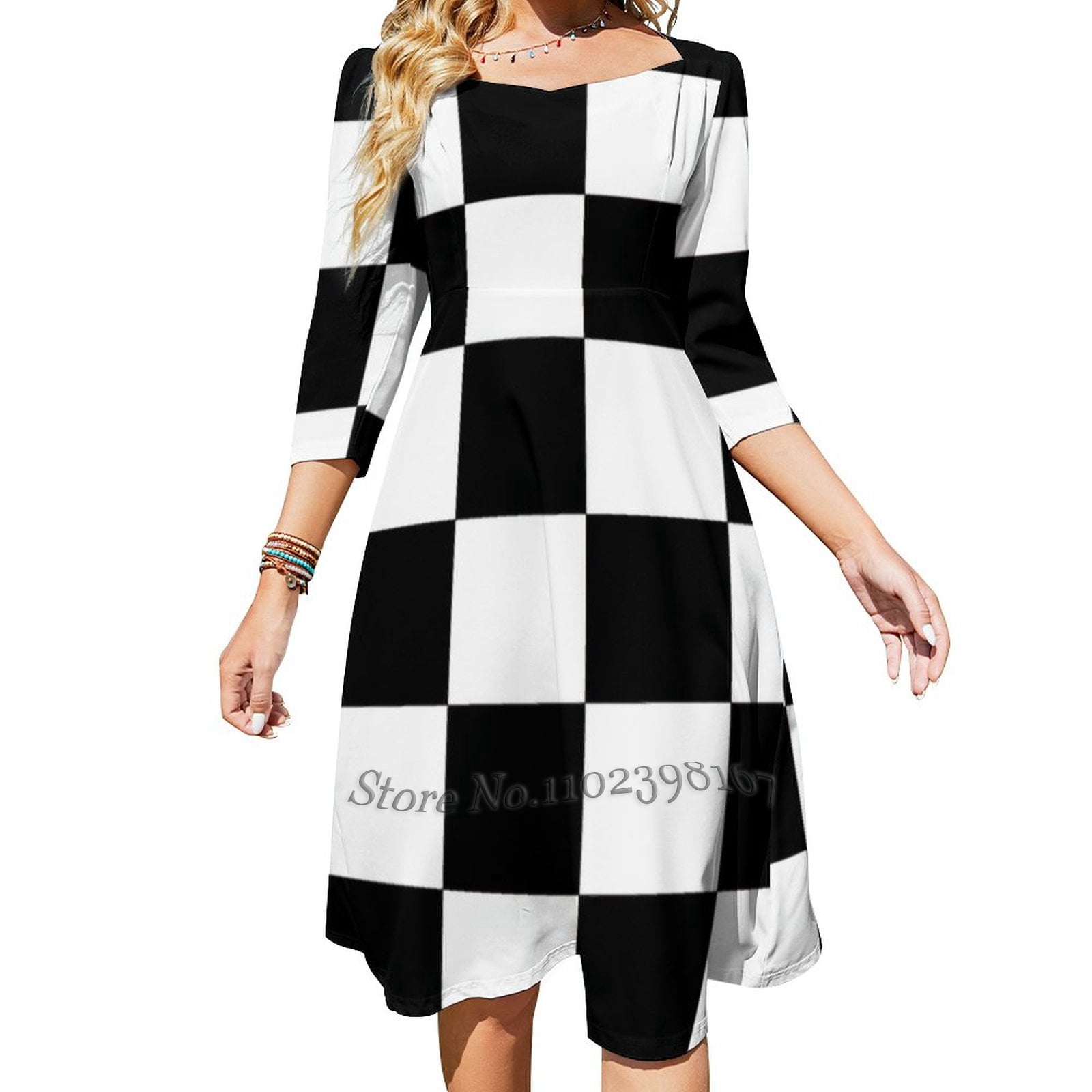 Black And White Checkerboard Sweetheart Knot Flared Dress Fashion ...