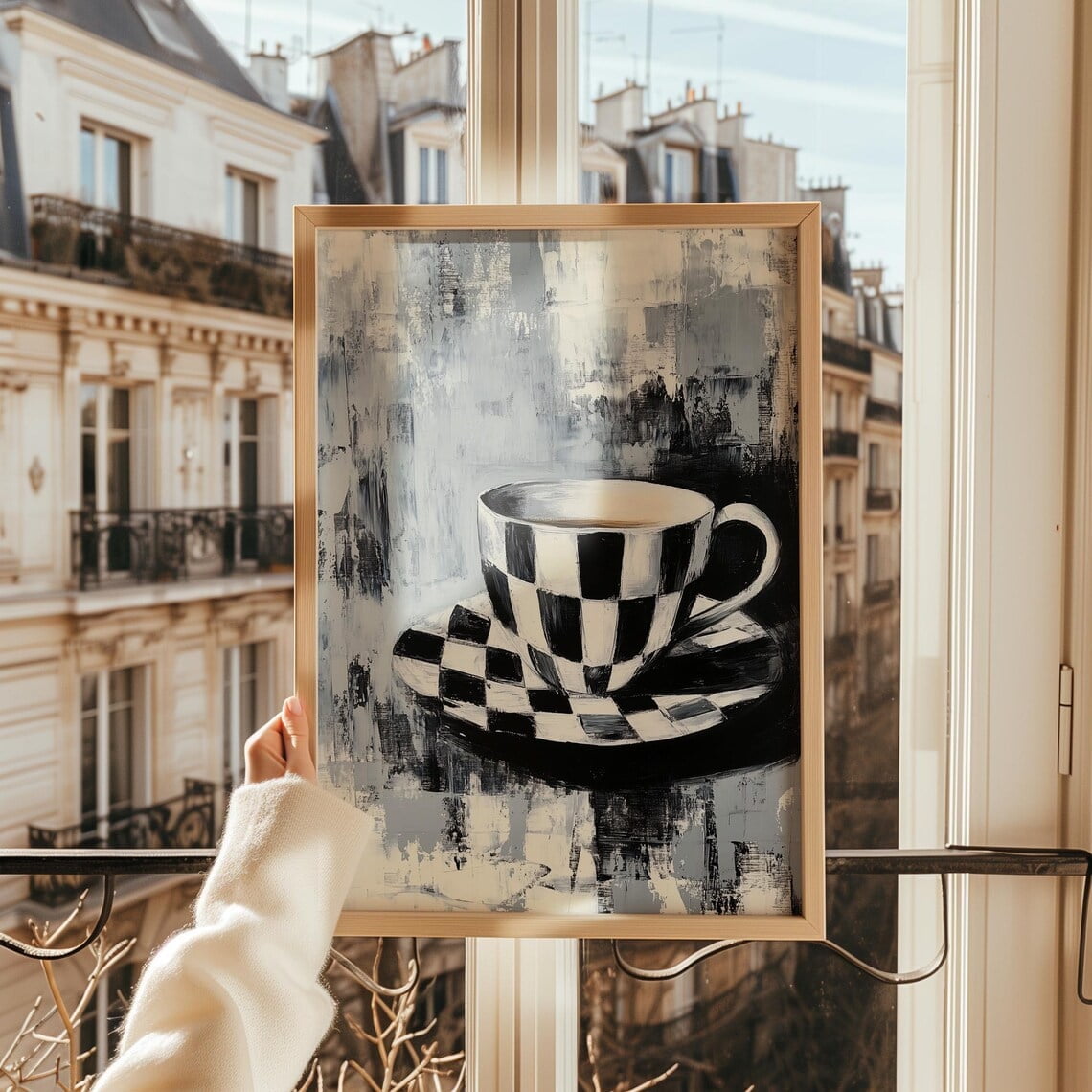Black And White Checkered Cup Abstract Wall Art, Modern Tea Lover ...