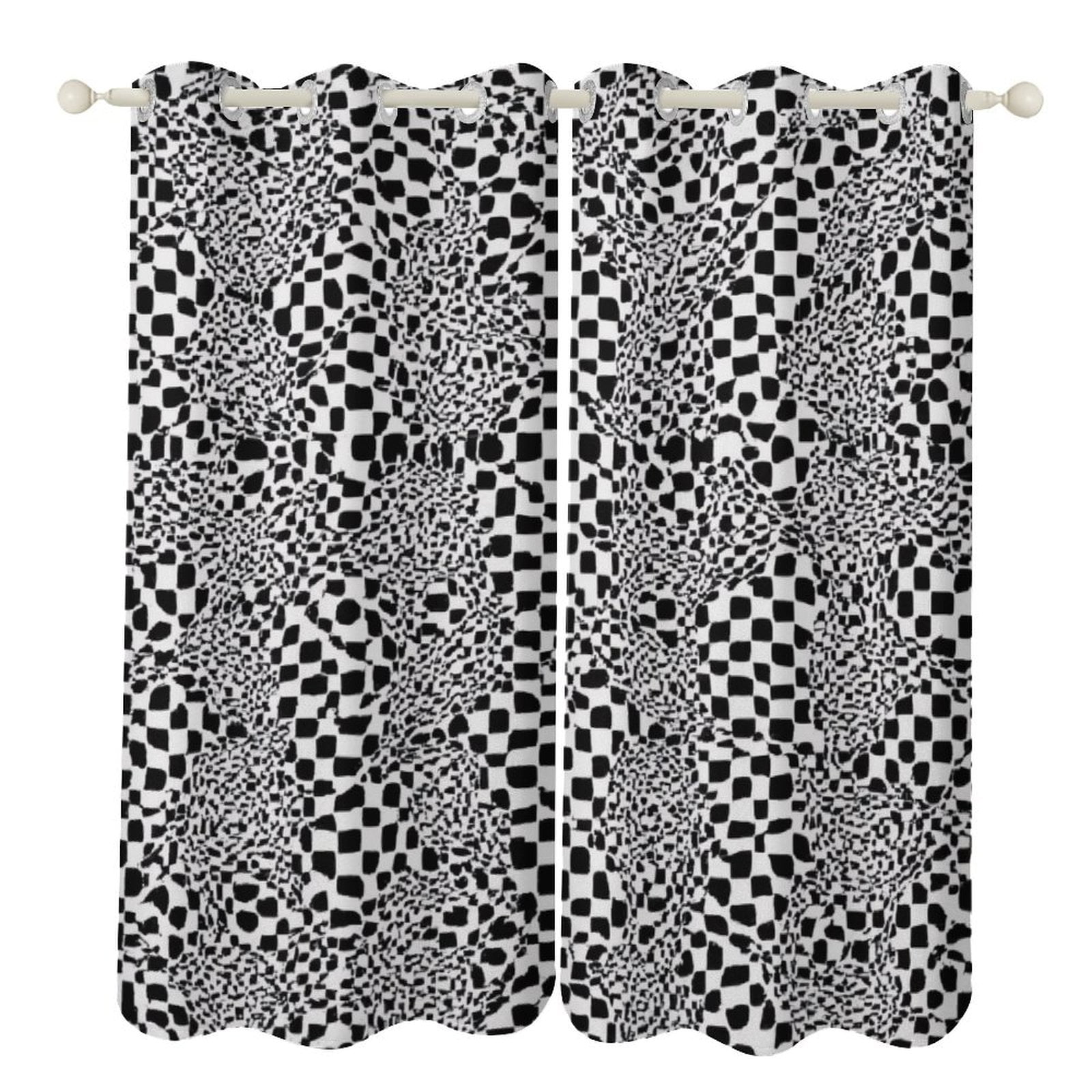 Black And White Checkered Floral Pattern 2 Panels Curtains for Bedroom ...