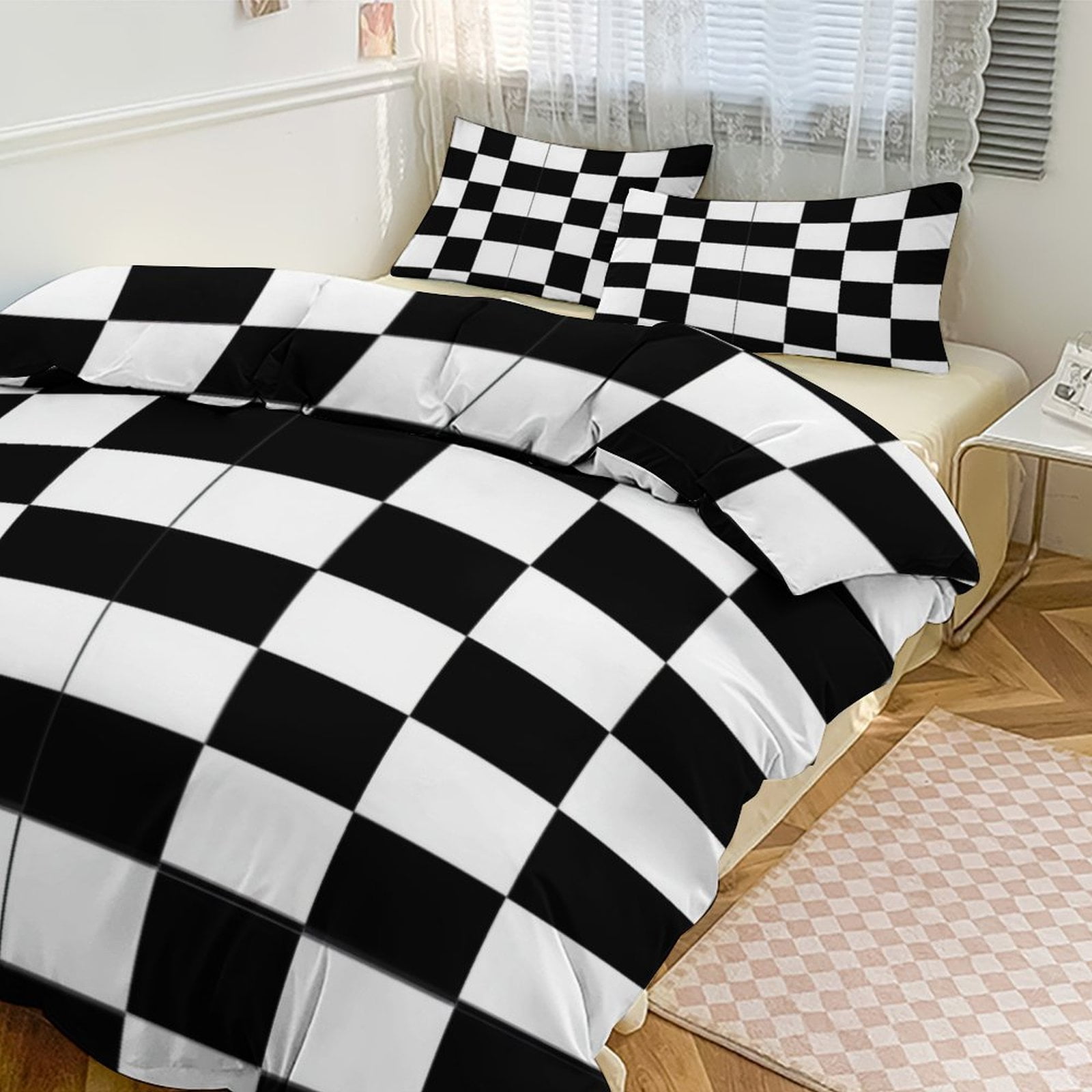 Black And White Checkered Pattern 90"x90" 3 Pcs Soft Bedding Set ...