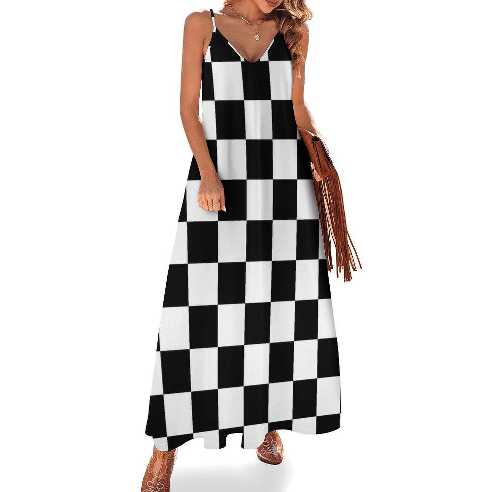 Black And White Checkered Pattern Sleeveless Dress Women's Evening ...