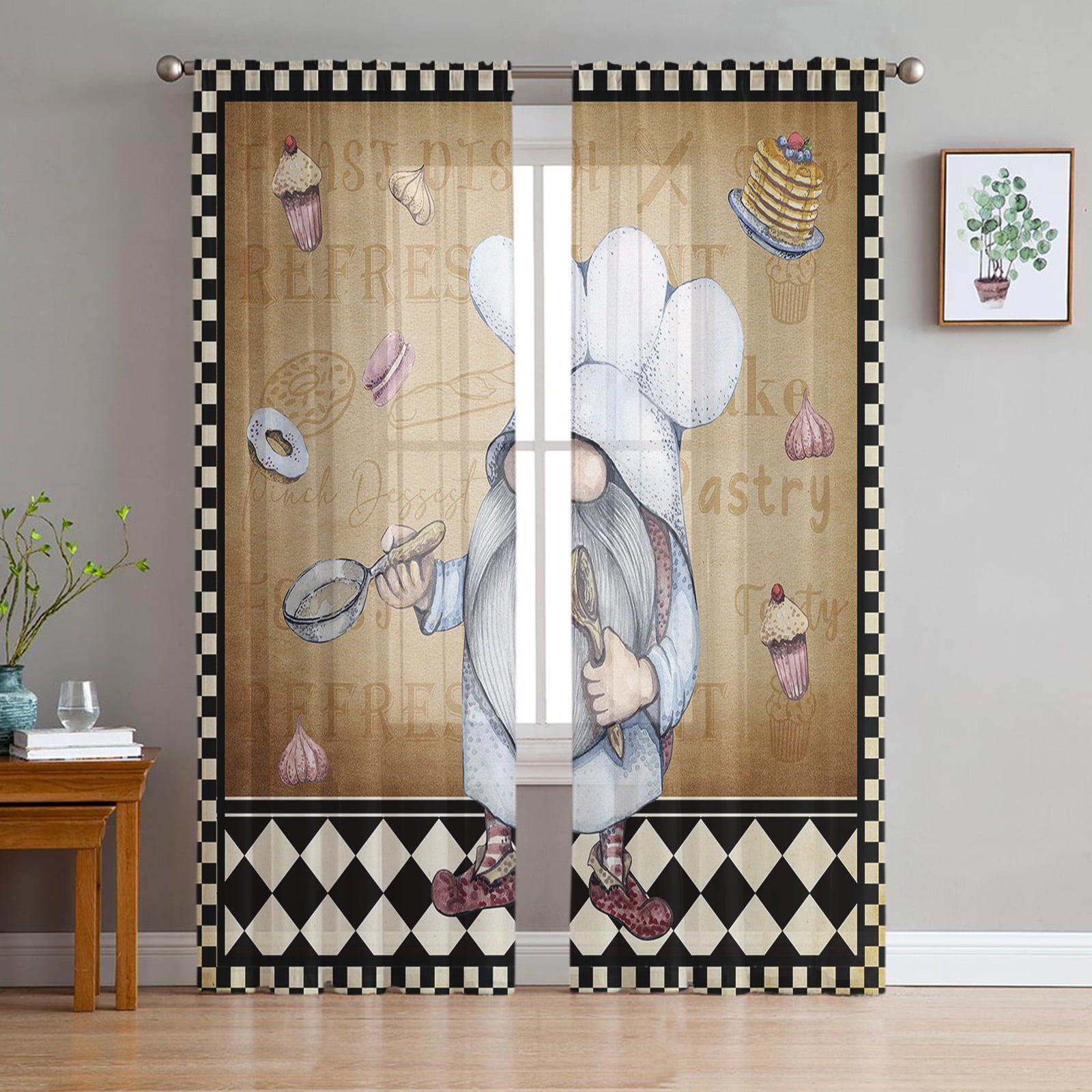 Black And White Chefs Kitchen Food Retro Chiffon Sheer Curtains for ...