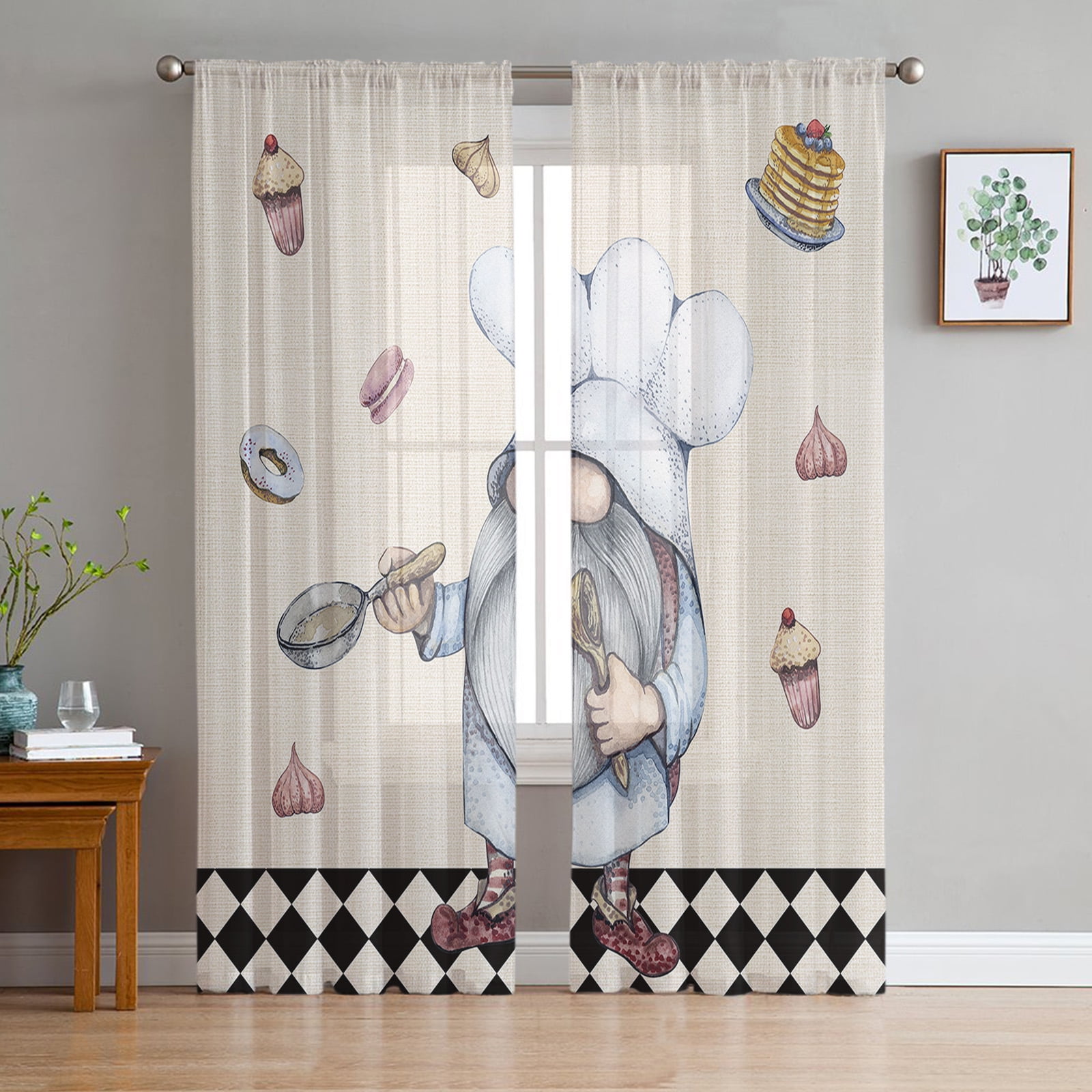 Black And White Chefs Kitchen Food Retro Chiffon Sheer Curtains for ...
