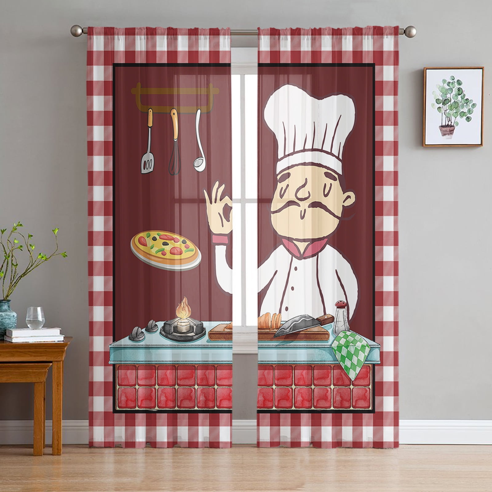 Black And White Chefs Kitchen Food Retro Chiffon Sheer Curtains for ...