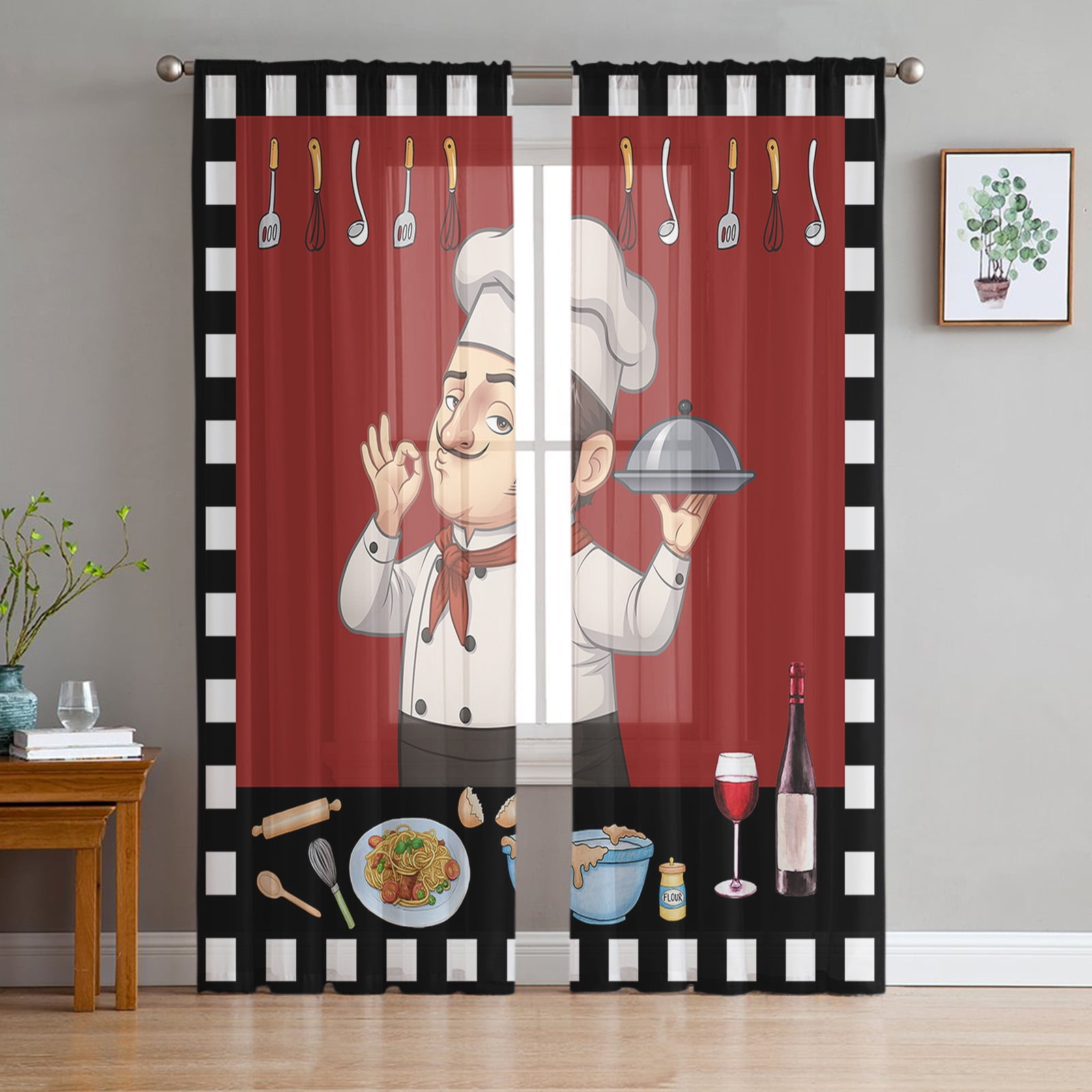 Black And White Chefs Kitchen Food Retro Chiffon Sheer Curtains for ...