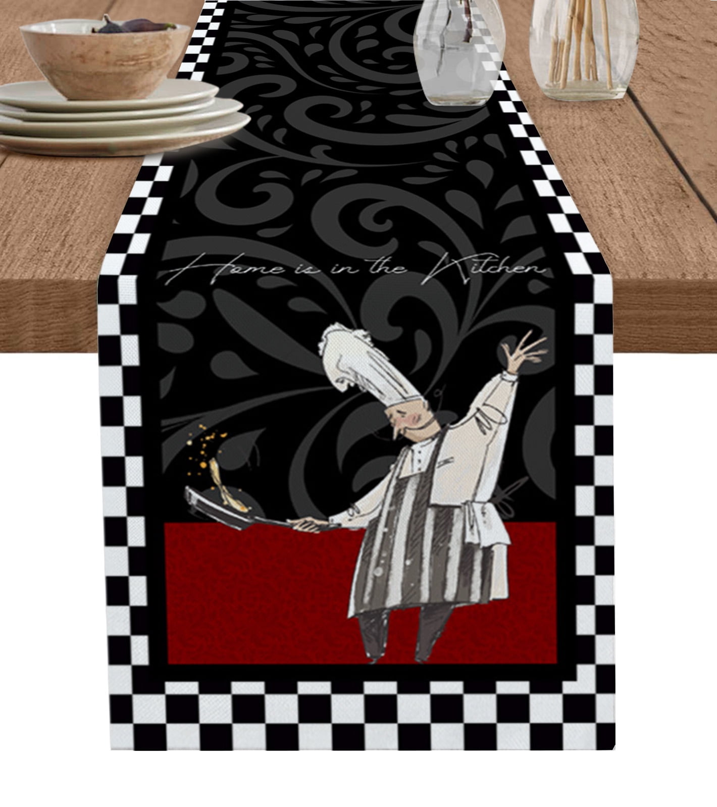 Black And White Chefs Kitchen Food Retro Linen Table Runner Kitchen ...