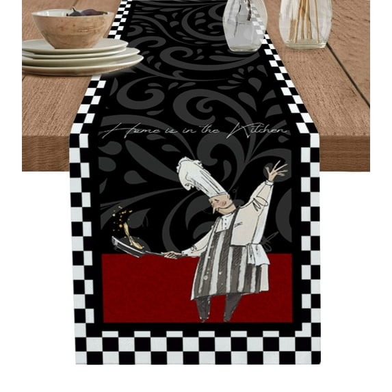 Black And White Chefs Kitchen Food Retro Linen Table Runner Kitchen ...