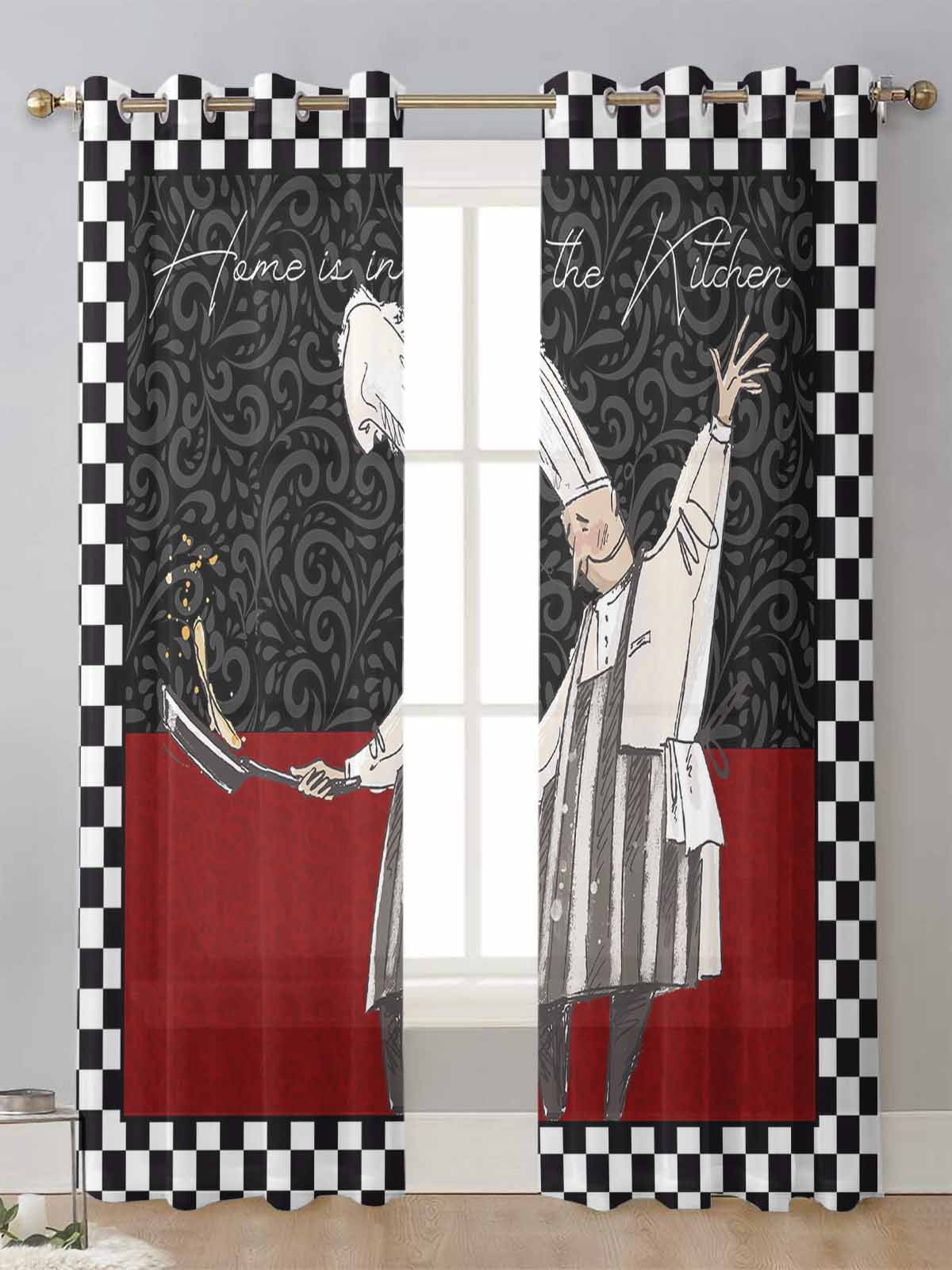 Black And White Chefs Kitchen Food Retro Sheer Curtains For Living Room ...