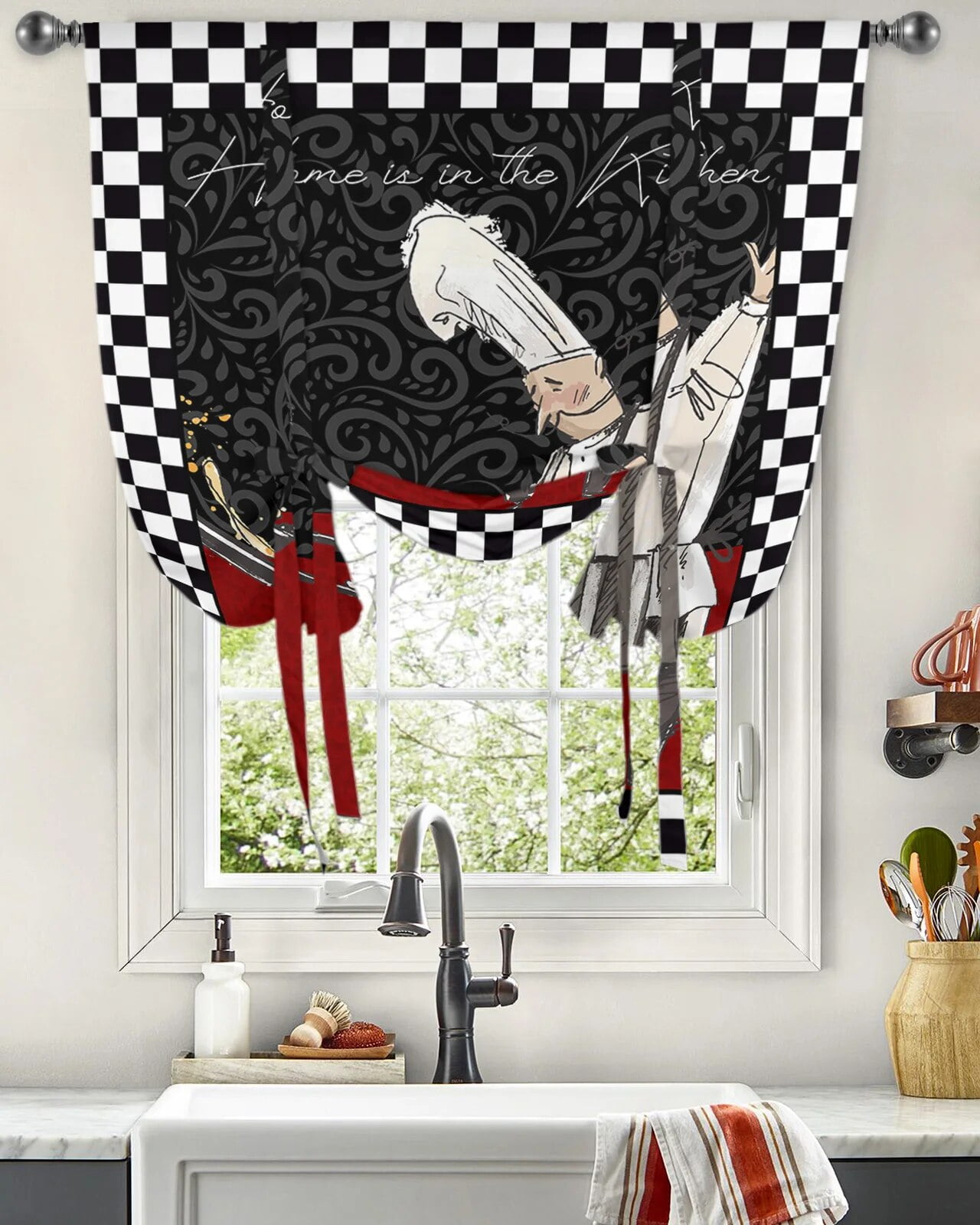 Black And White Chefs Kitchen Food Retro Window Curtain for Living Room ...