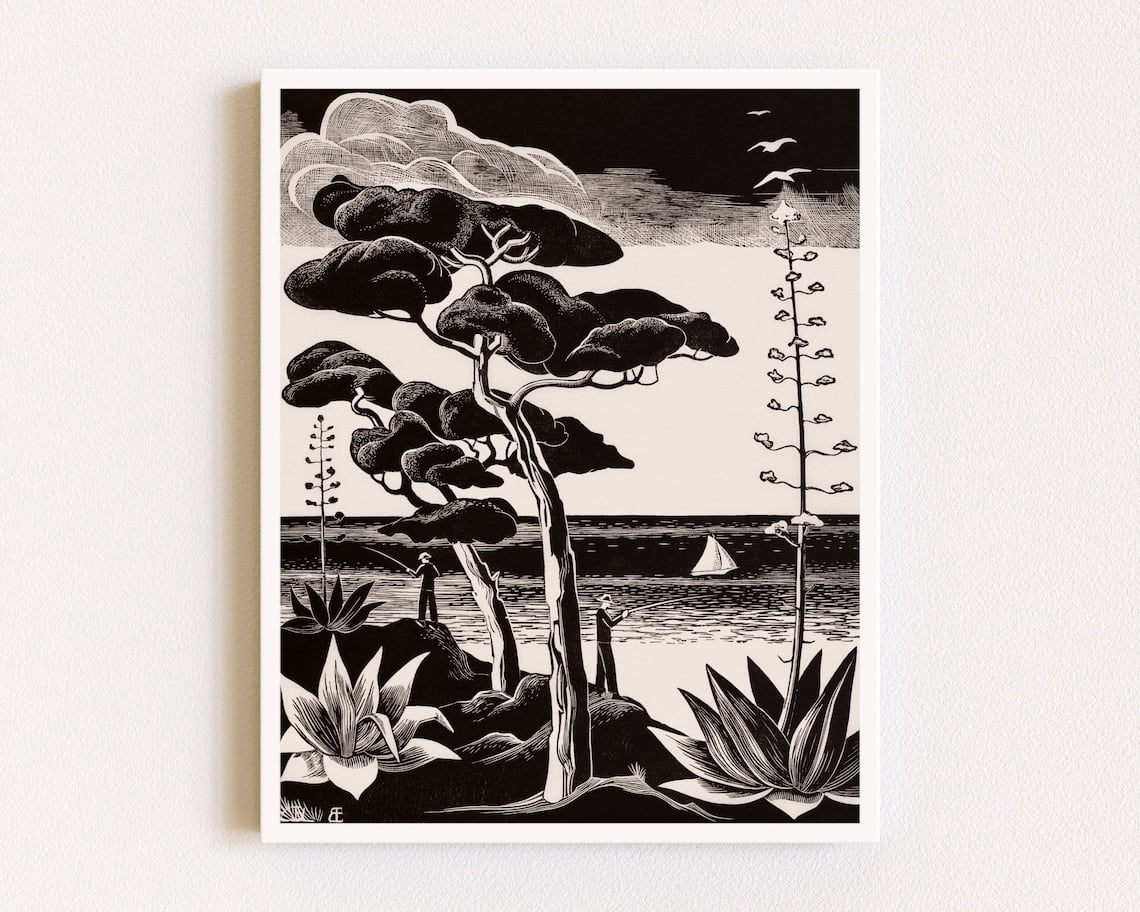 Black And White Coastal Linocut Print, Unframed Paper Poster 16x20in ...