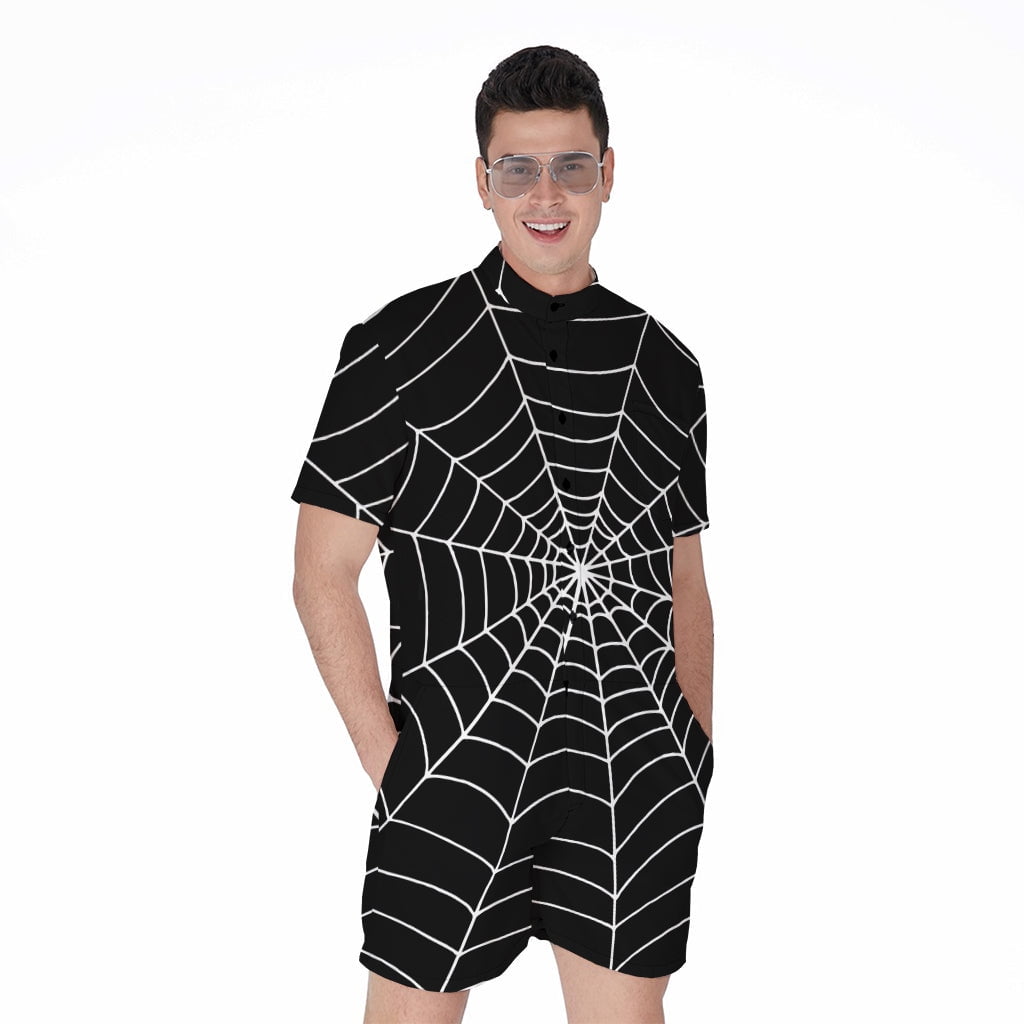 Black And White Cobweb Short Sleeve Men'S Rompers Casual Summer ...