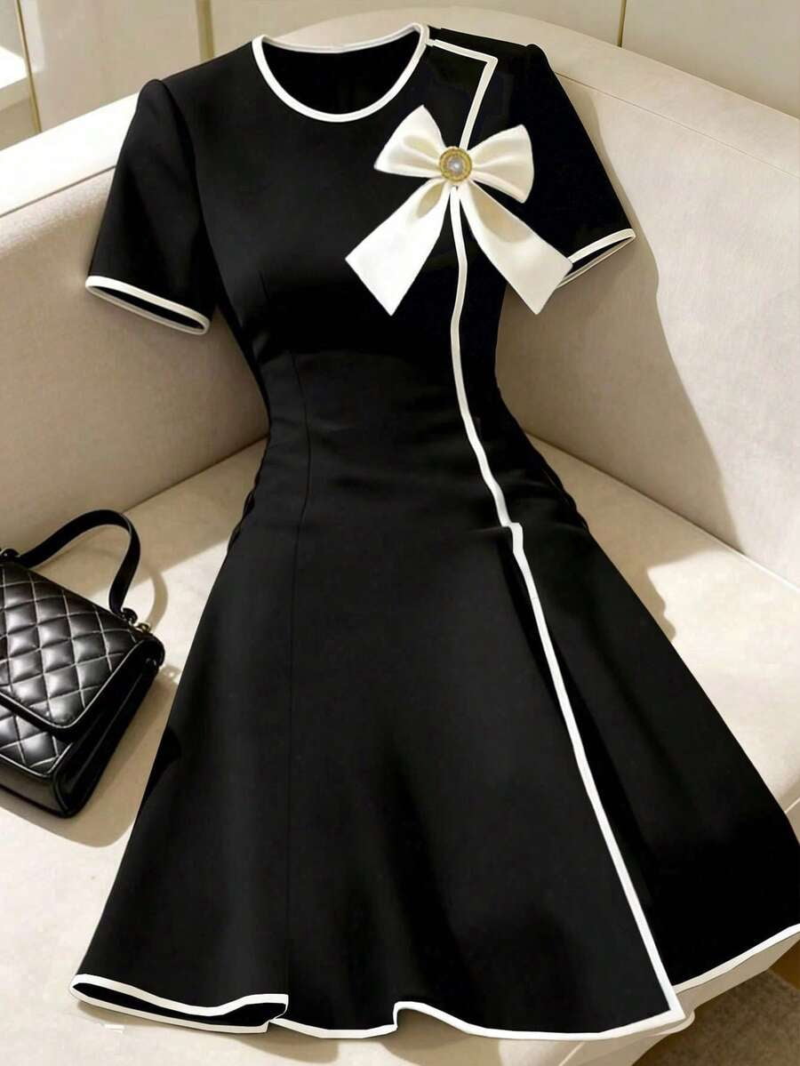 Black And White Contrast Trim Bow Detail Elegant Short Sleeve Fit ...