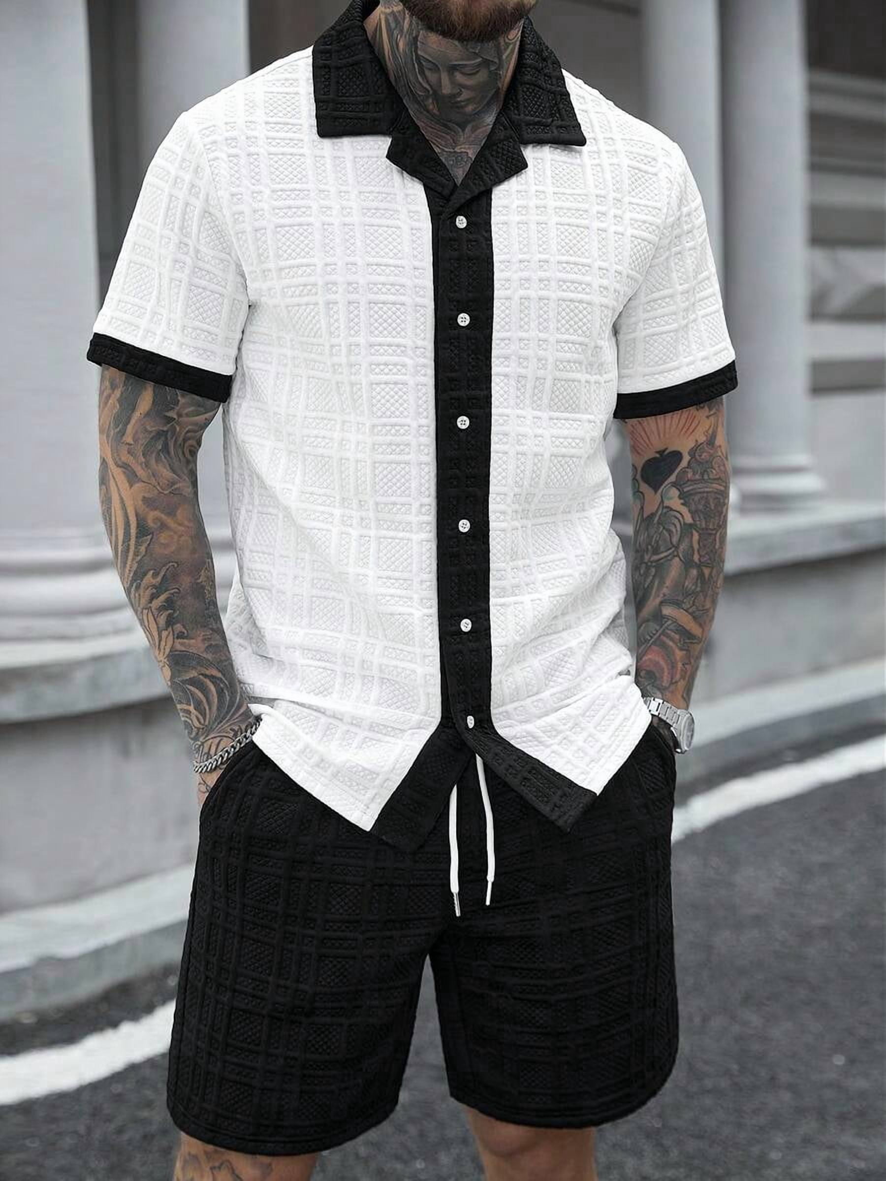 Black And White Contrast Trim Short Sleeve Shirt And Shorts Set Mens ...