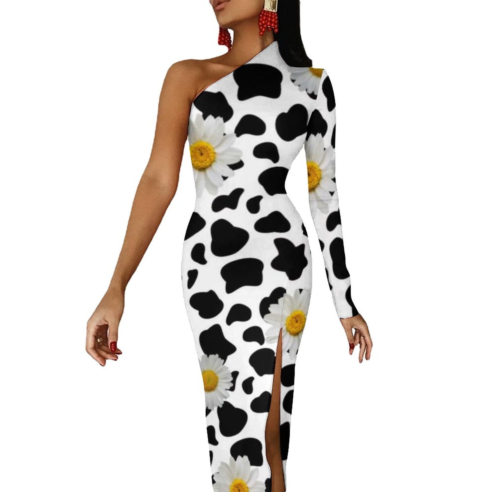 Black And White Cow Print Maxi Dress Cow Spots Pattern Party Bodycon ...