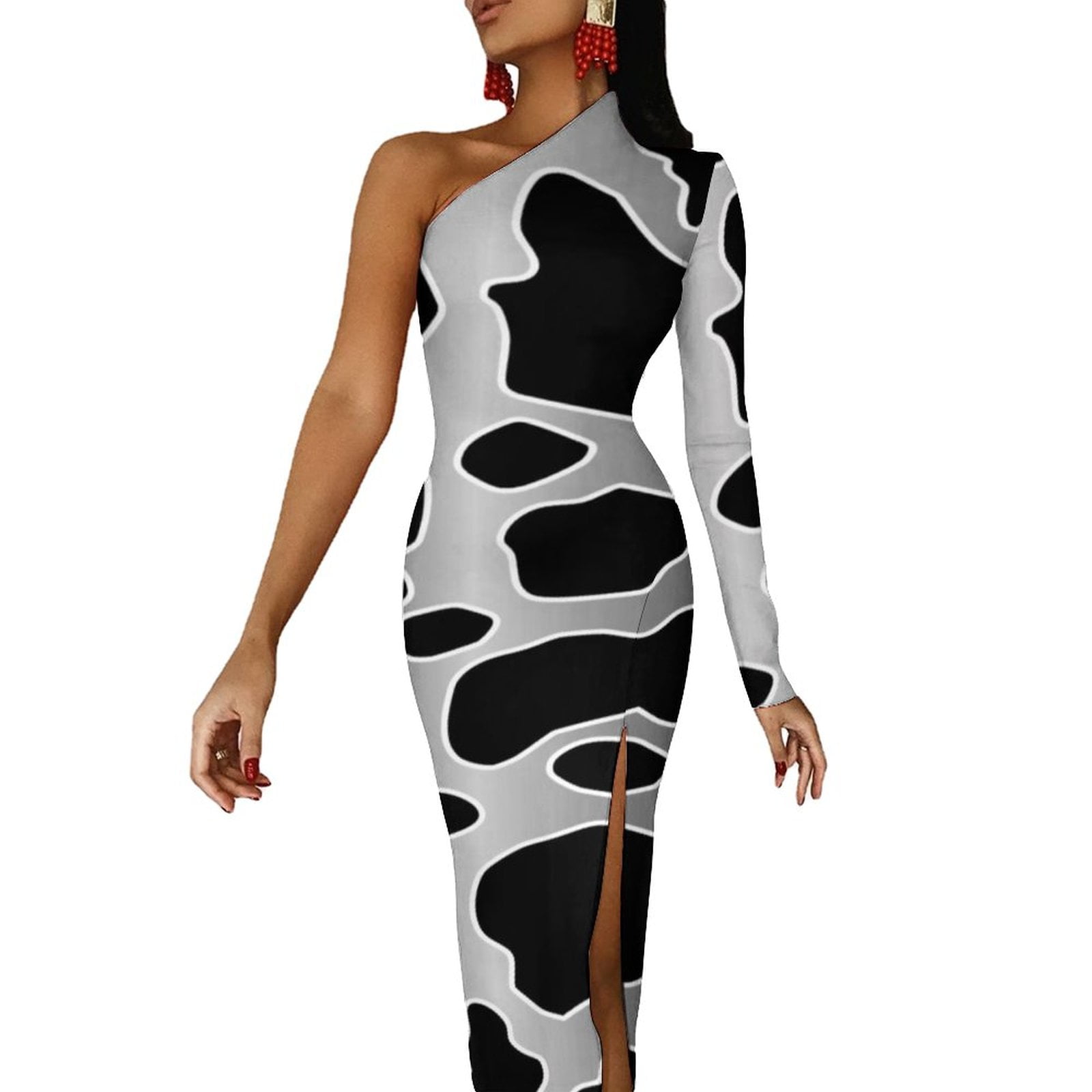 Black And White Cow Print Maxi Dress Cow Spots Pattern Party Bodycon ...