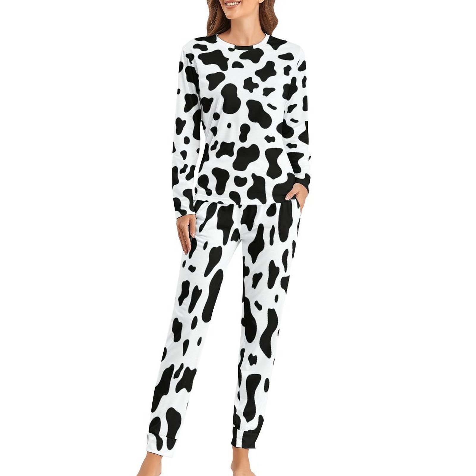 Black And White Cow Print Pajamas Woman Nightwear Long Sleeve Two Piece ...