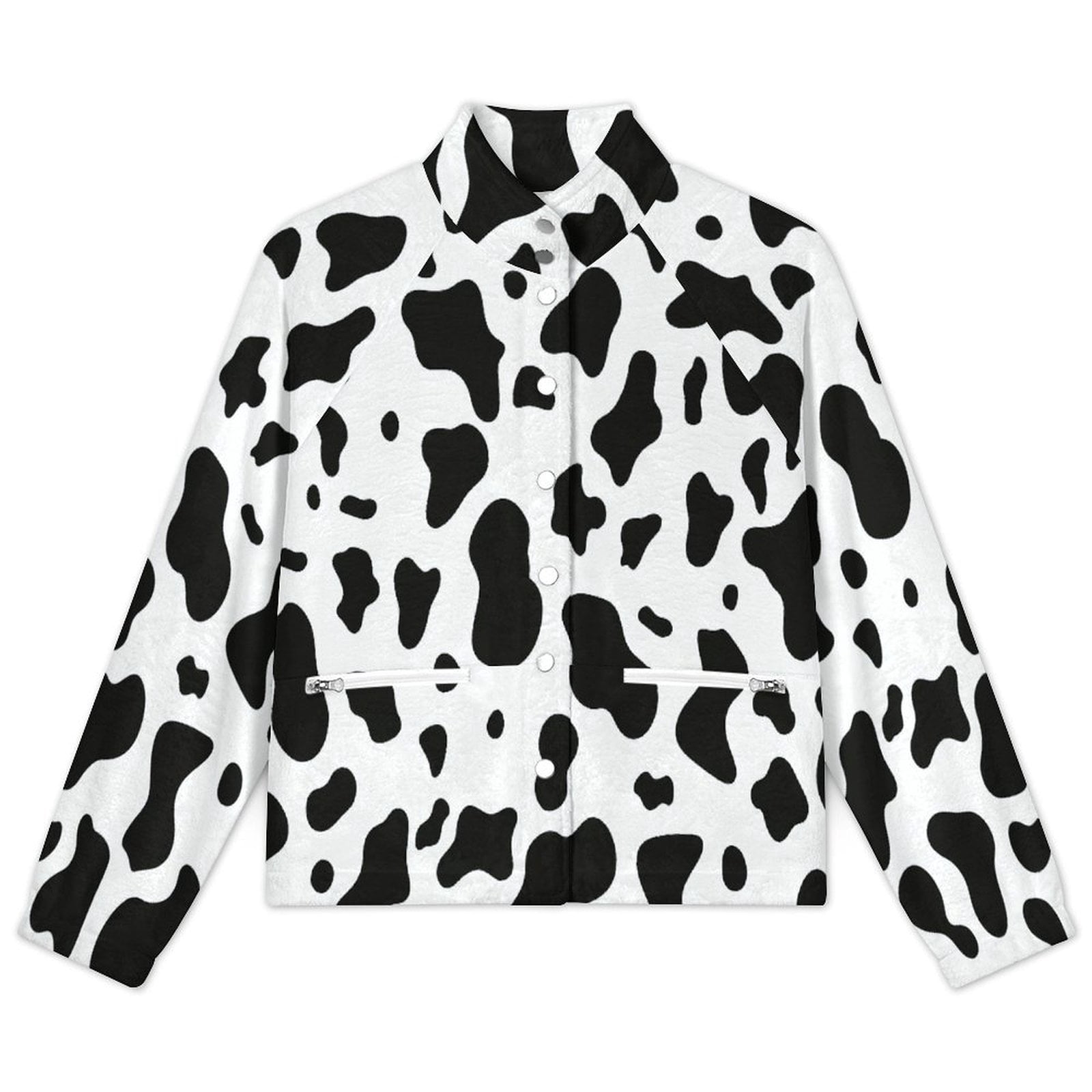 Black And White Cow Print Warm Women's Plush Jacket Stand Collar Full ...