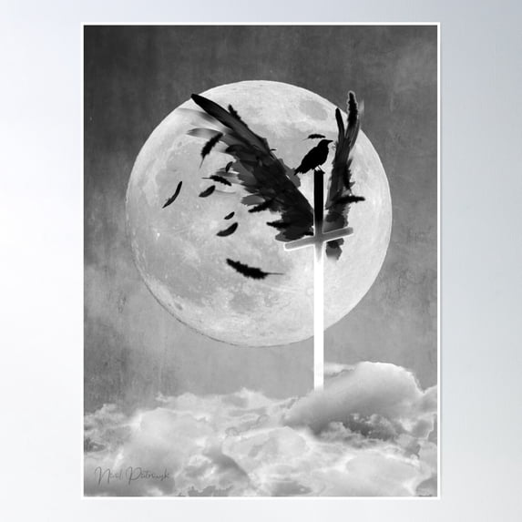 Black And White Cross With Wings Crow Moon Gothic Art A623 Poster Wall ...