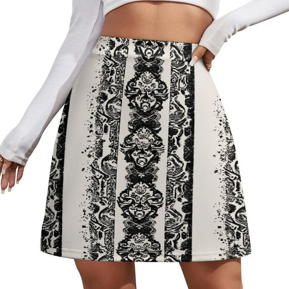 Black And White Damask Stripes Women's High Waist Skirt Stretchy Casual ...