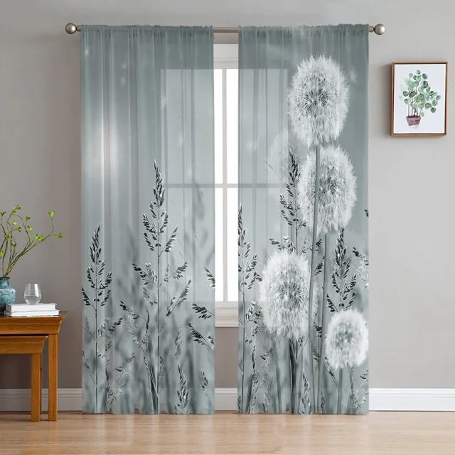 Black And White Dandelion Plant Tulle Sheer Curtains for Living Room ...