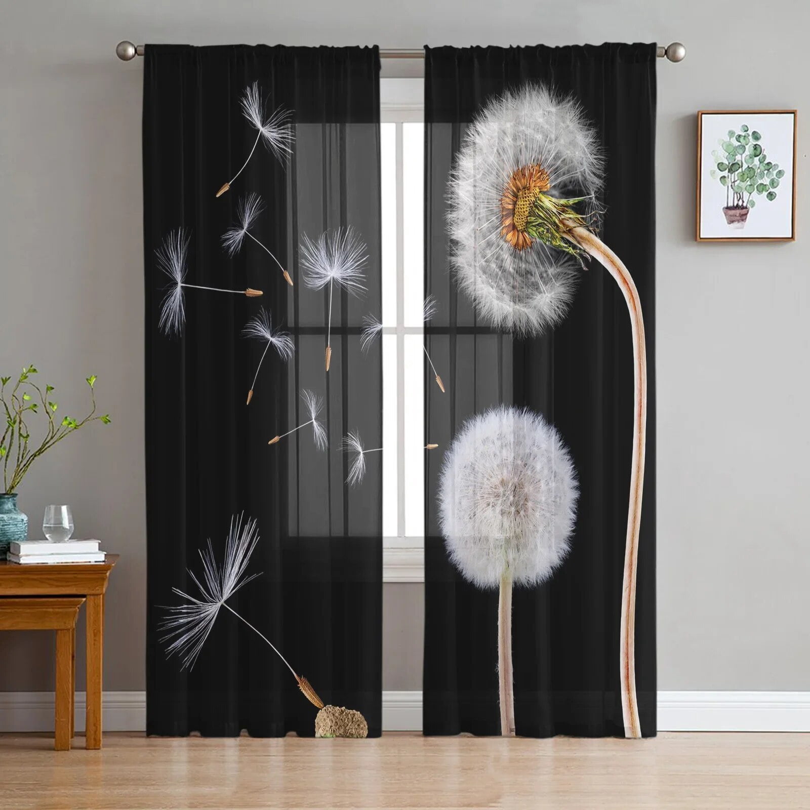 Black And White Dandelion Plant Tulle Window Curtains Living Room ...