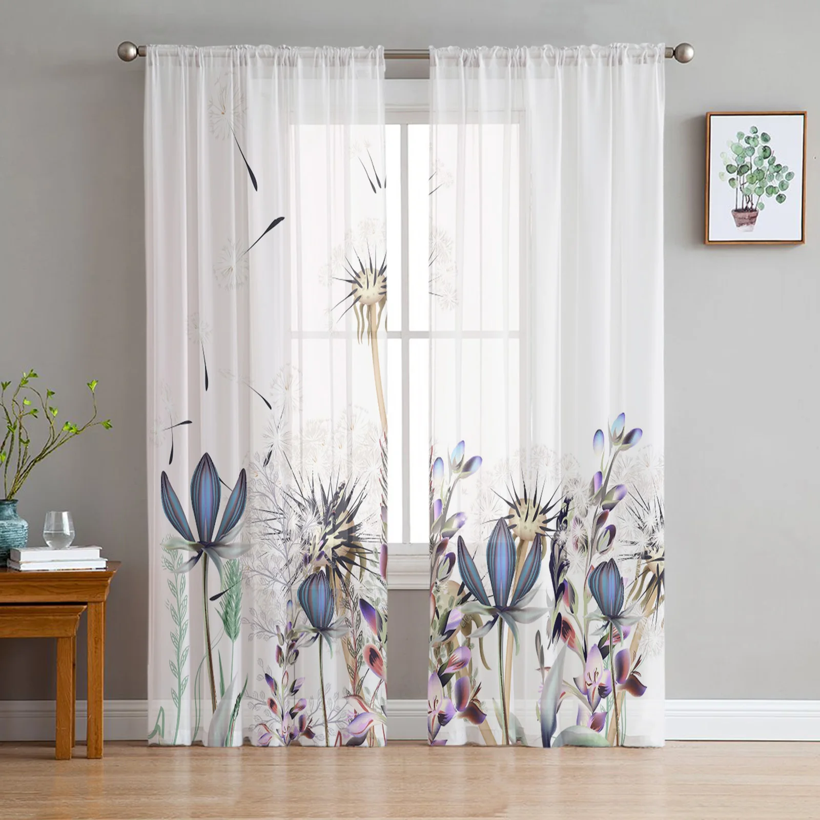 Black And White Dandelion Plant Tulle Window Curtains Living Room ...