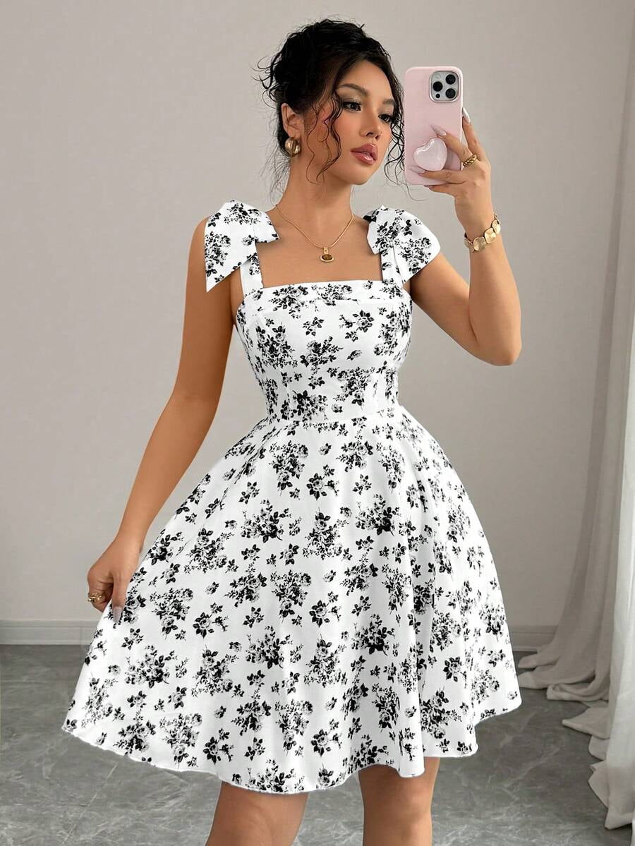 Black And White Ditsy Floral Shoulder Tie Bow A-Line Dress, Elegant ...