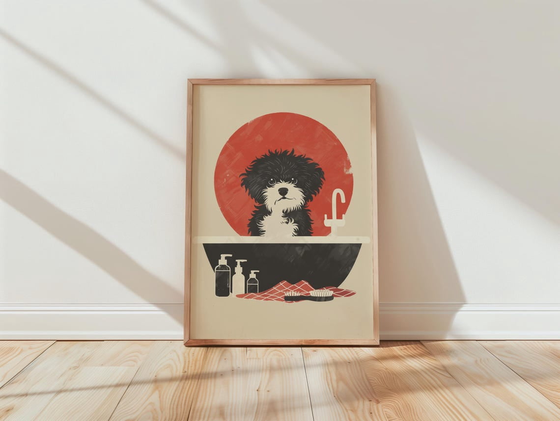 Black And White Dog Bath Art Modern Red Circle Decor Pet Lover ...