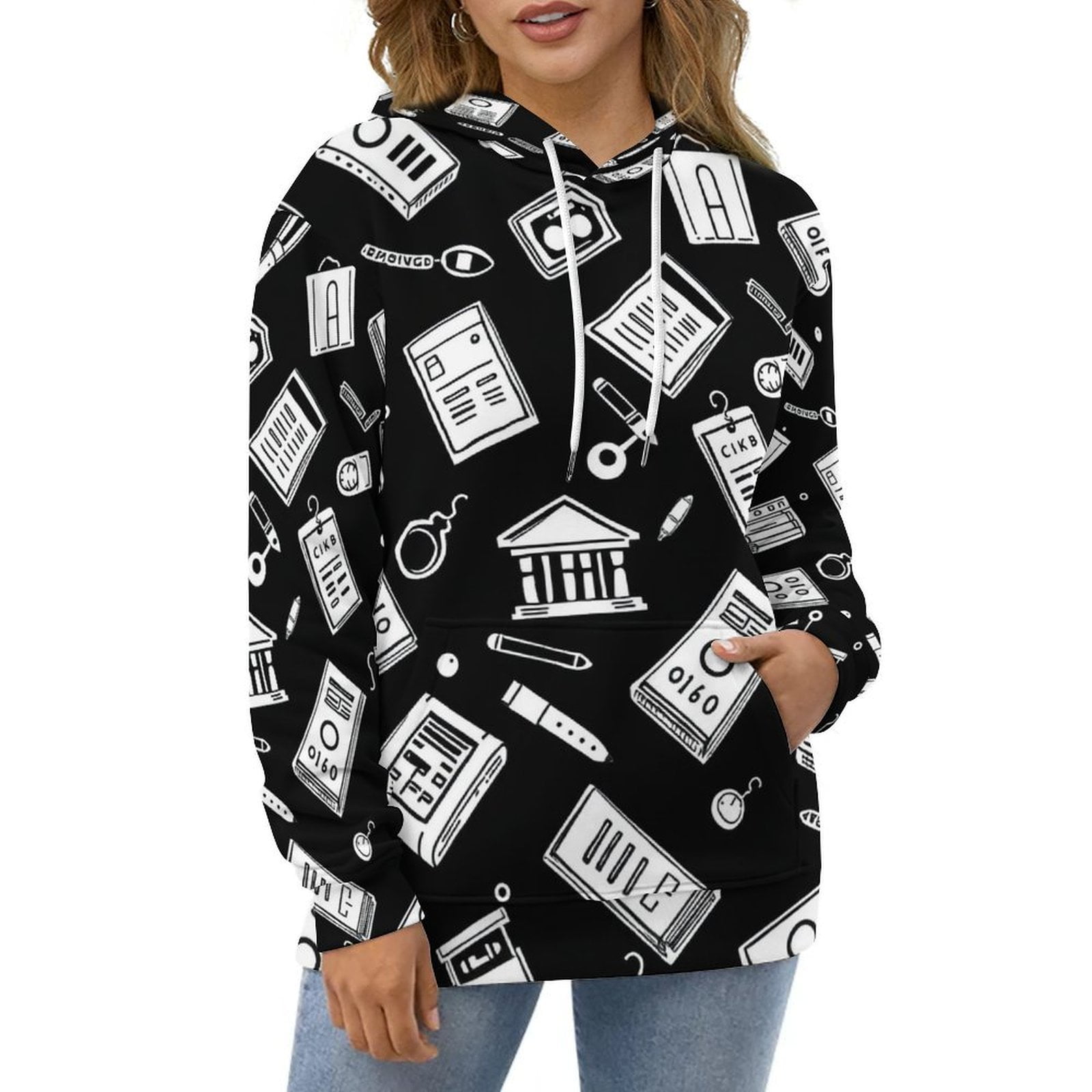 Black And White Doodles Hoodies Long Sleeve Casual Hoodie Winter ...