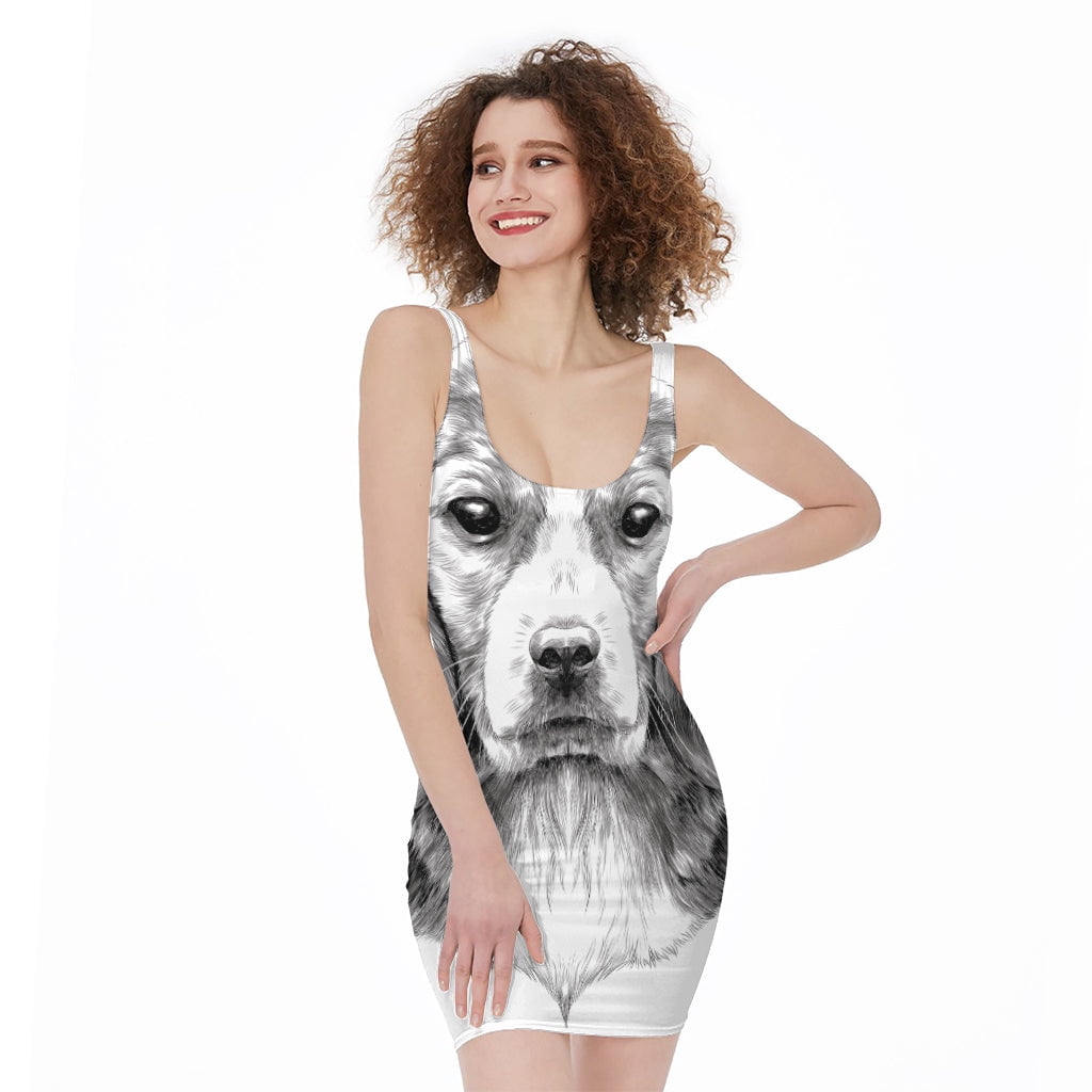 Black And White Drawing Beagle Print Sleeveless Bodycon Dress, Dog Pet ...