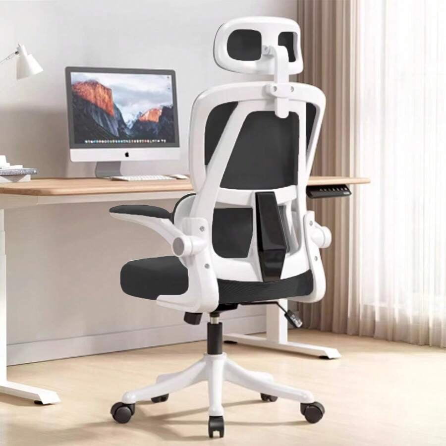 Black And White Ergonomic Office Chair With Flip-Up Armrests, Lumbar ...