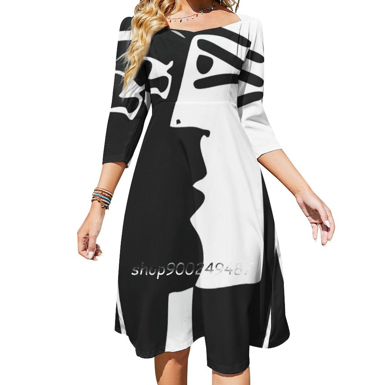 Black And White Faces Vectorart. Square Neck Dress Cute Loose Print ...