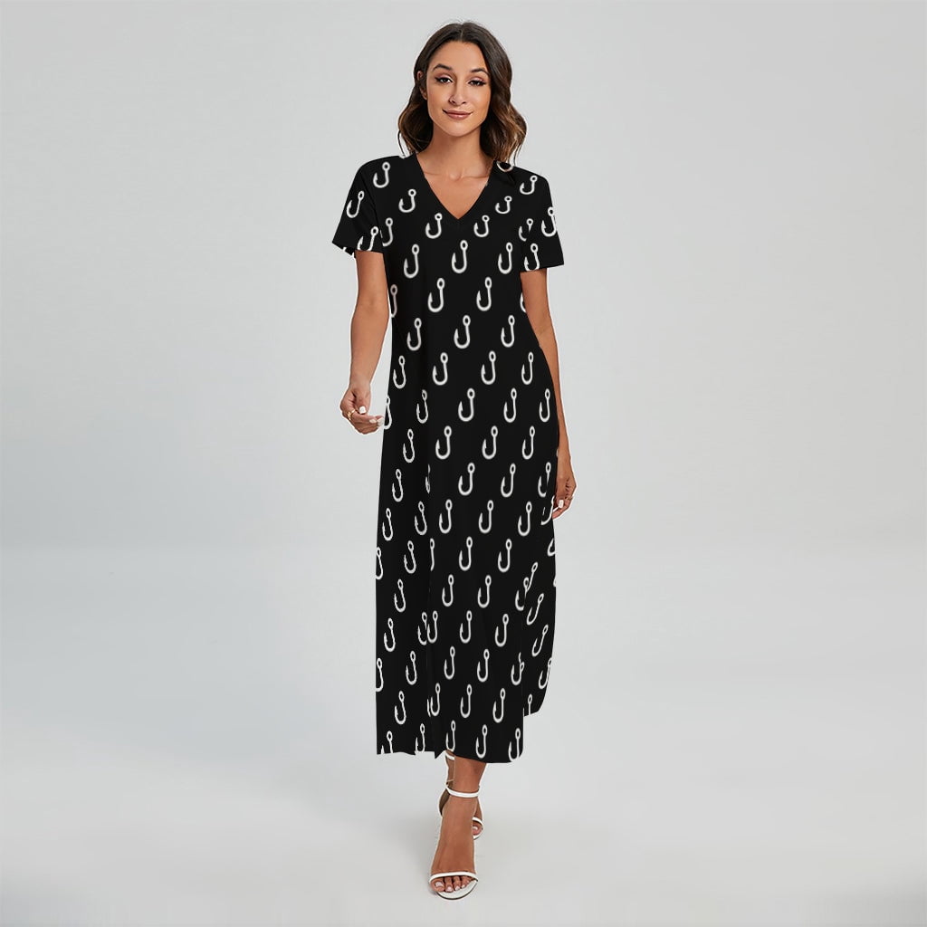 Black And White Fishing Hooks Printed Short Sleeve Maxi Dress, Fish ...