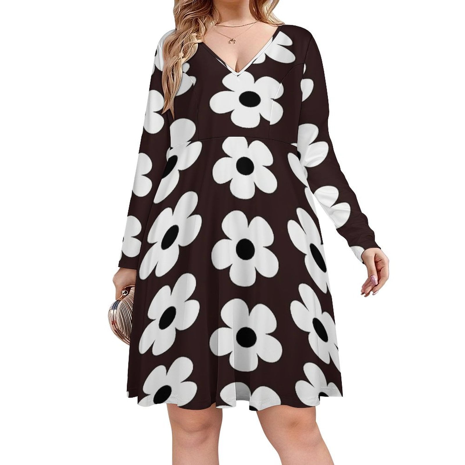 Black And White Floral Design Long Sleeve Dresses For Women Vintage ...