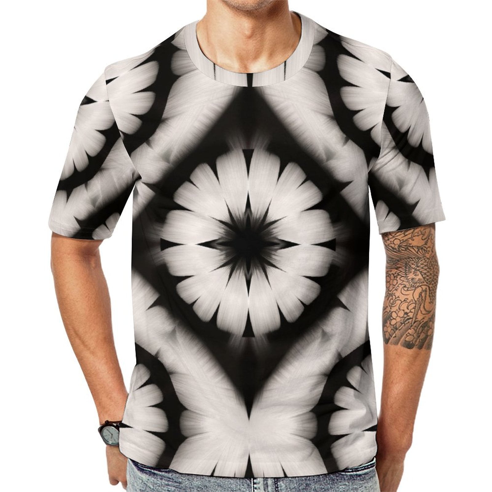 Black And White Floral Kaleidoscope Pattern Design T Shirt For Men ...