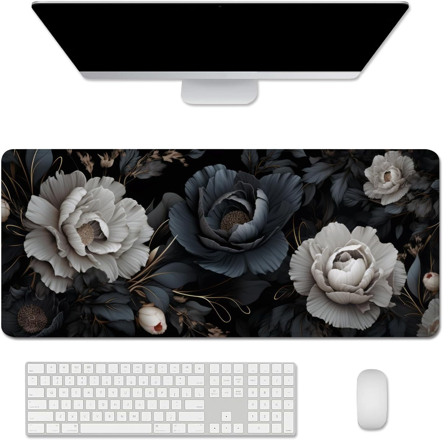 Black And White Floral Large Non-Slip Stitched Desk Mat With Rubber ...