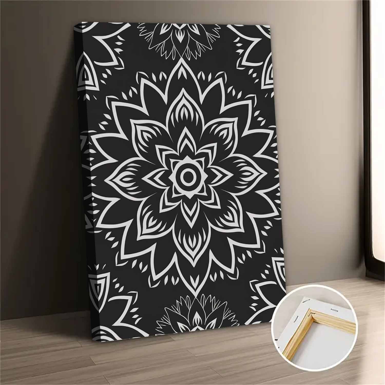 Black And White Floral Mandala Canvas Wall Art For Bedroom Living Room ...