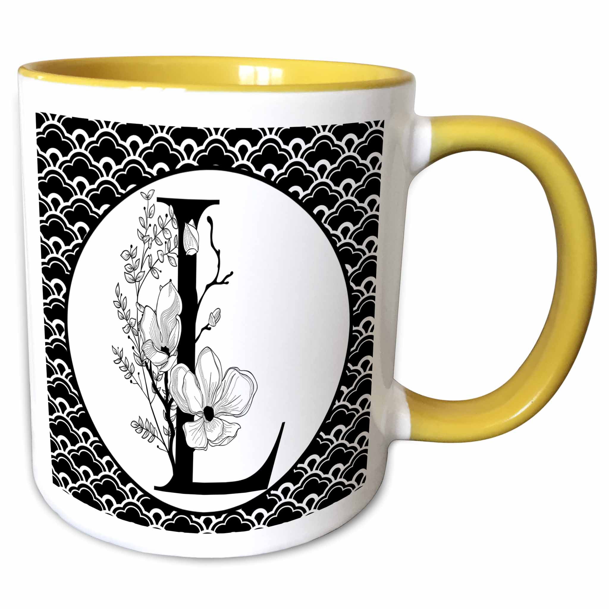 3drose, Black and White Floral Monogram L on Fancy Scallops, 15oz Two ...