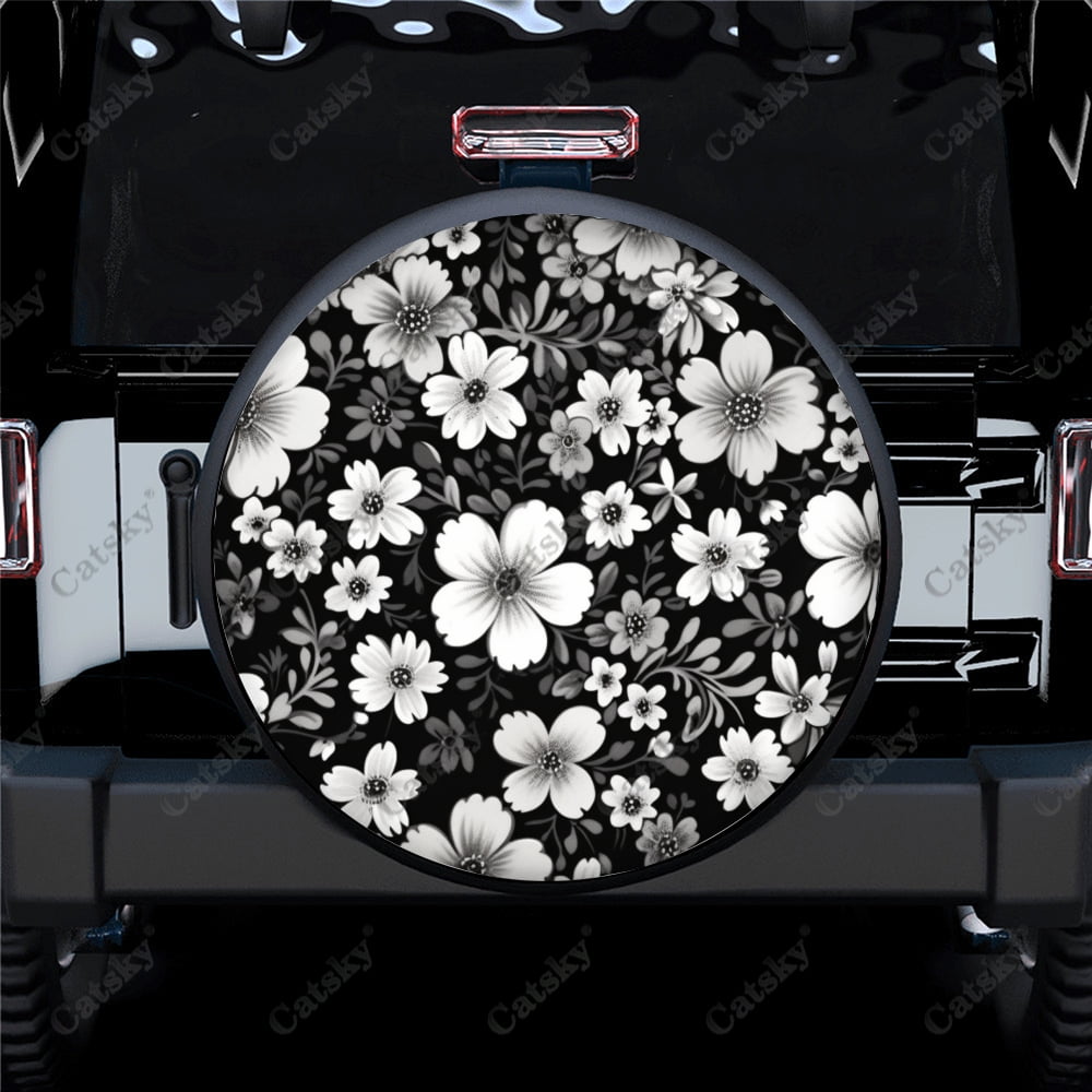 Black And White Floral Pattern Polyester Universal Spare Wheel Tire ...