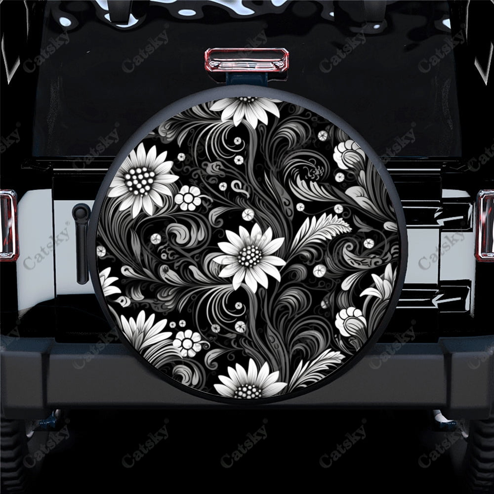Black And White Floral Pattern Polyester Universal Spare Wheel Tire ...