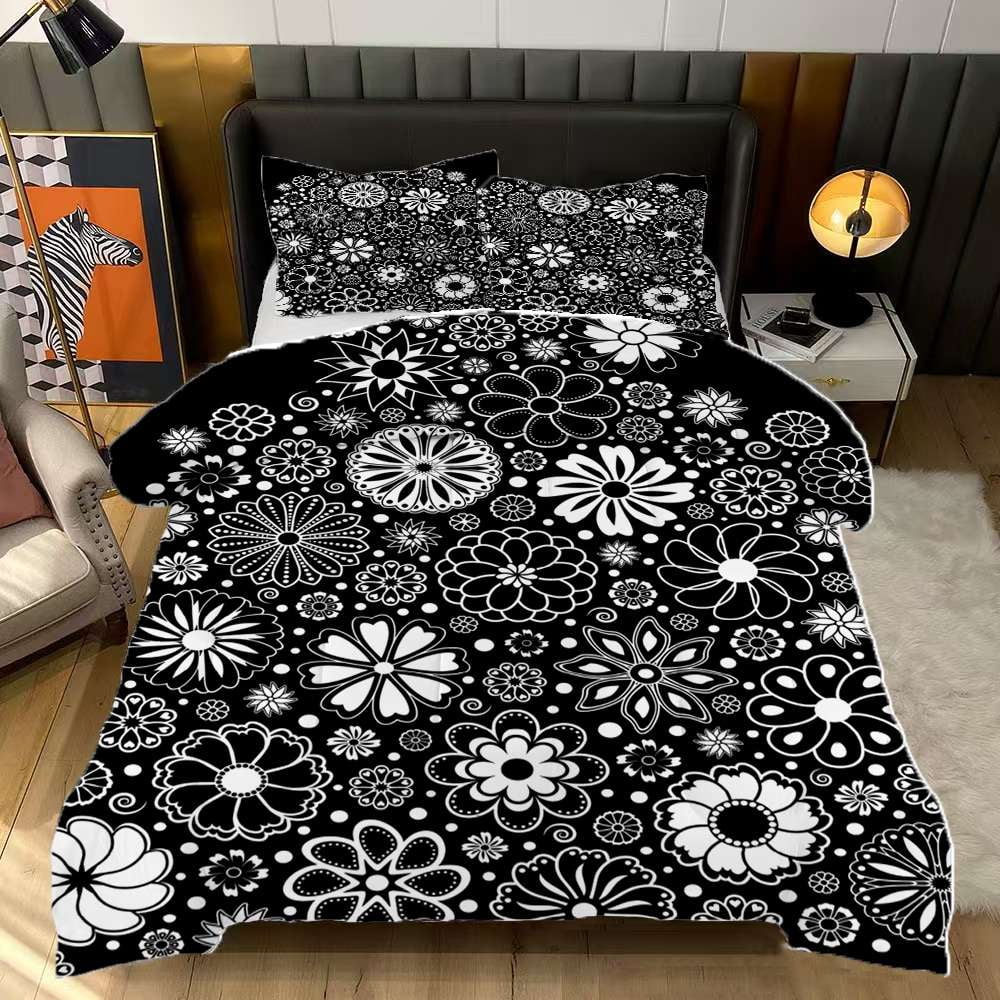 Black And White Floral Print Cute Flowers Comforter Set King Size ...