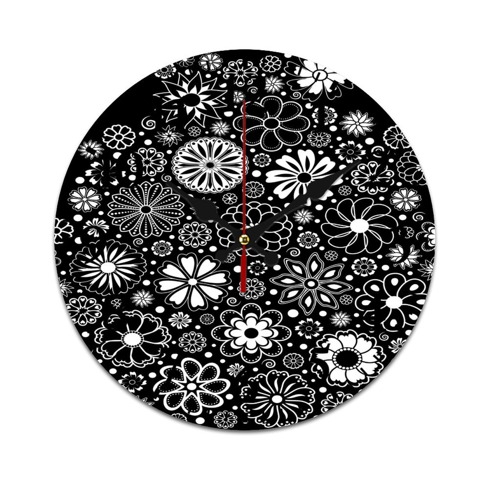 Black And White Floral Print Cute Flowers Wall Clock Modern Design ...