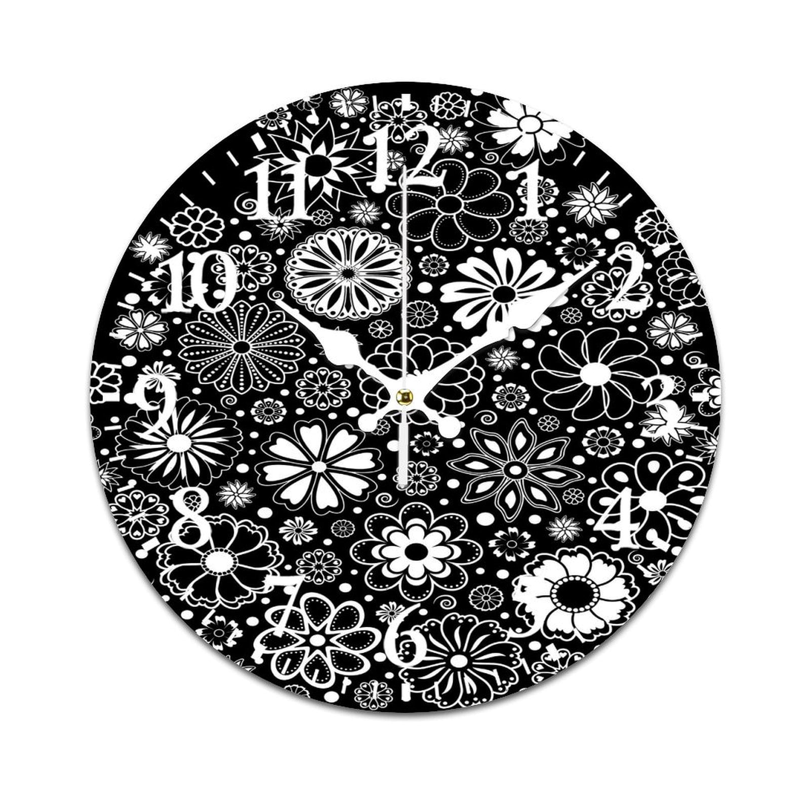 Black And White Floral Print Cute Flowers Wall Clock Modern Design Clocks Wall Hanging Home ...