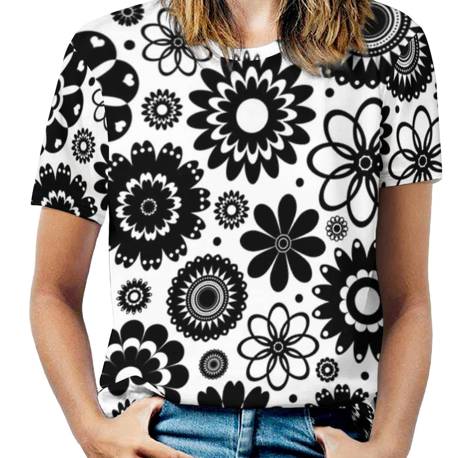 Black And White Floral Print-Cute Flowers Women Zipper Sexy Printed ...