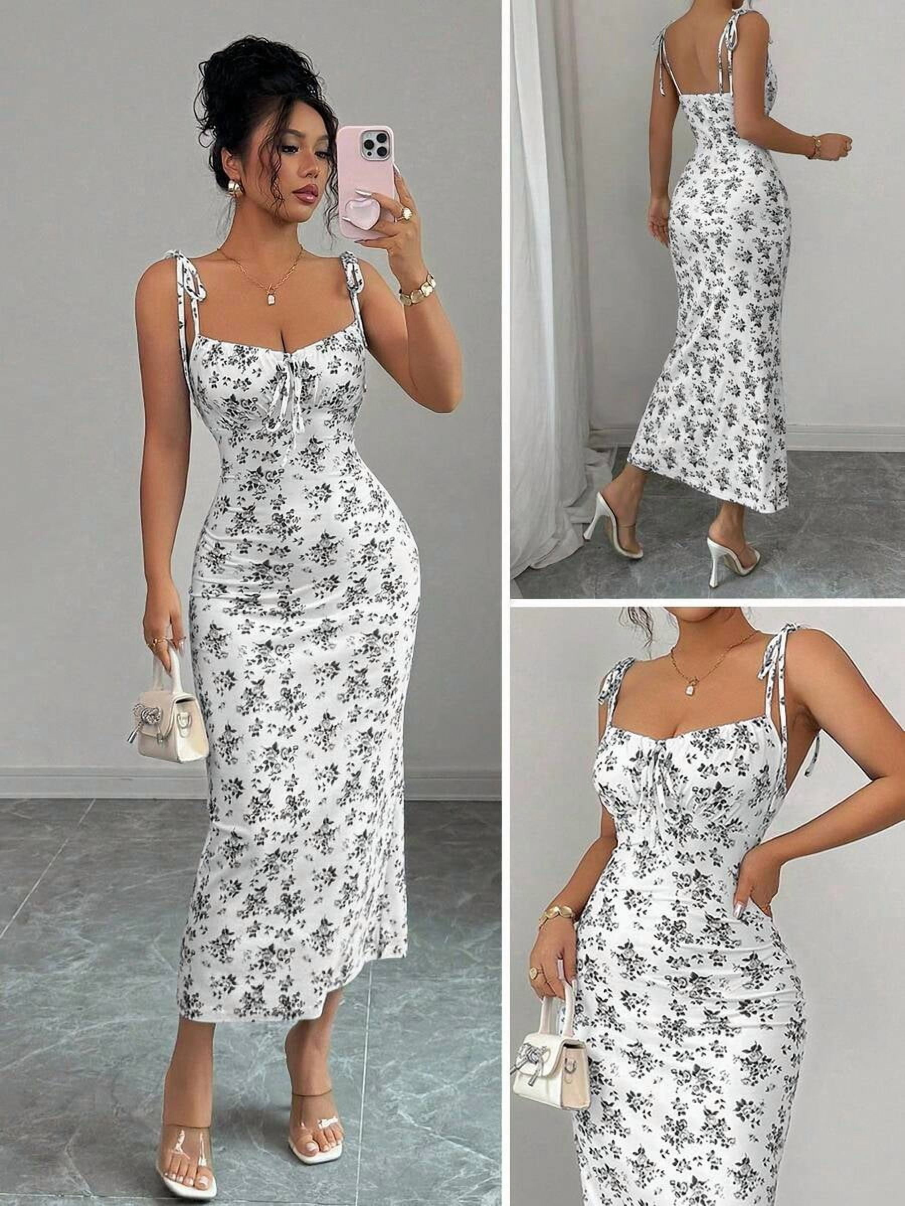 Black And White Floral Print Satin Midi Dress With Tie Shoulder Straps ...