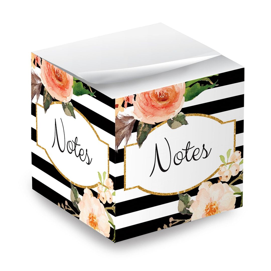 Black And White Floral Sticky Note Cube / 2.75" Memo Block Printed On 4 ...