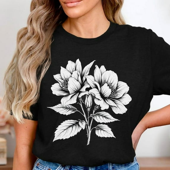 Black And White Floral T S1Hirt, Vintage B1OtaniC1Al Flower T1EE ...
