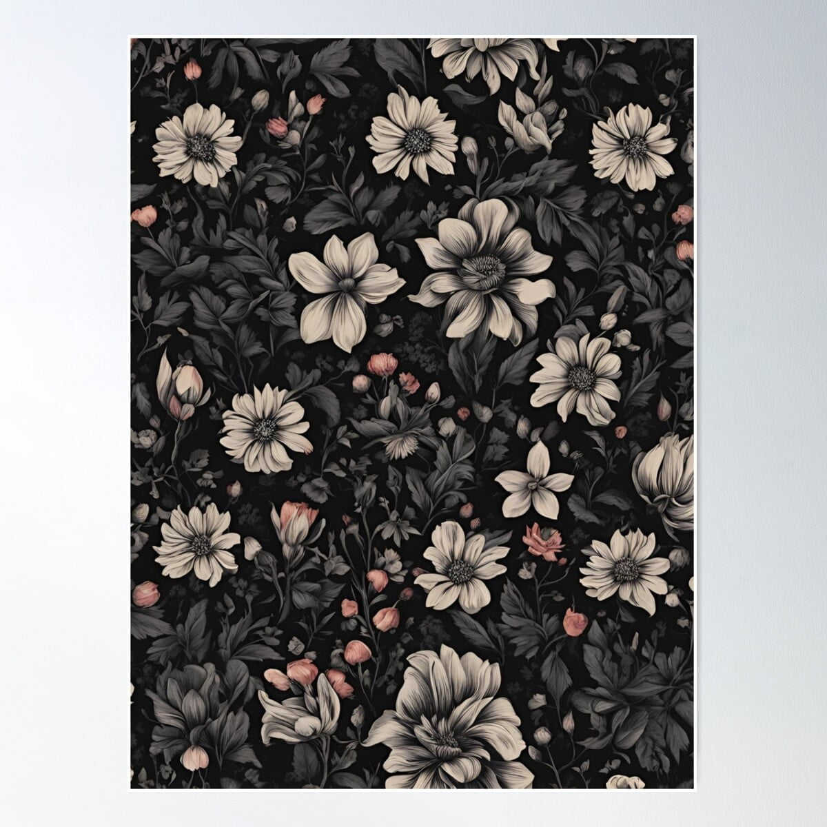 Black And White Flower Pattern Poster Wall Art, Modern Wall Decor For ...